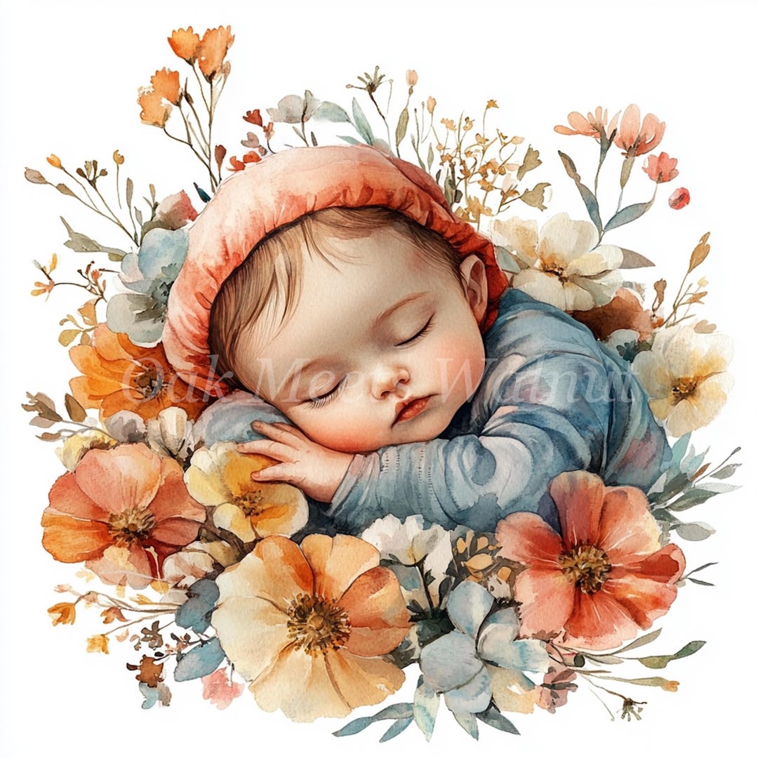 Baby in Flowers Clipart Bundle-10 High Quality Watercolor Jpgs, Digital ...