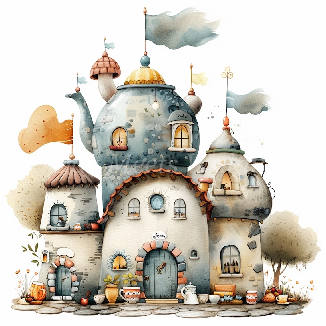 Whimsical Teapot House Clipart Bundle 10 High Quality Watercolor Jpgs ...
