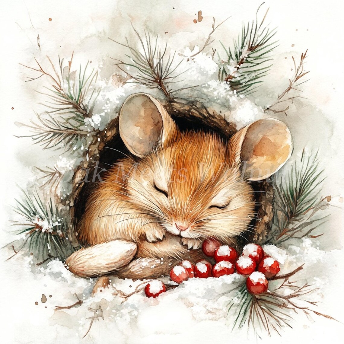 Sleeping Christmas Mouse Watercolor Clipart: Holiday Jpgs (digital ...
