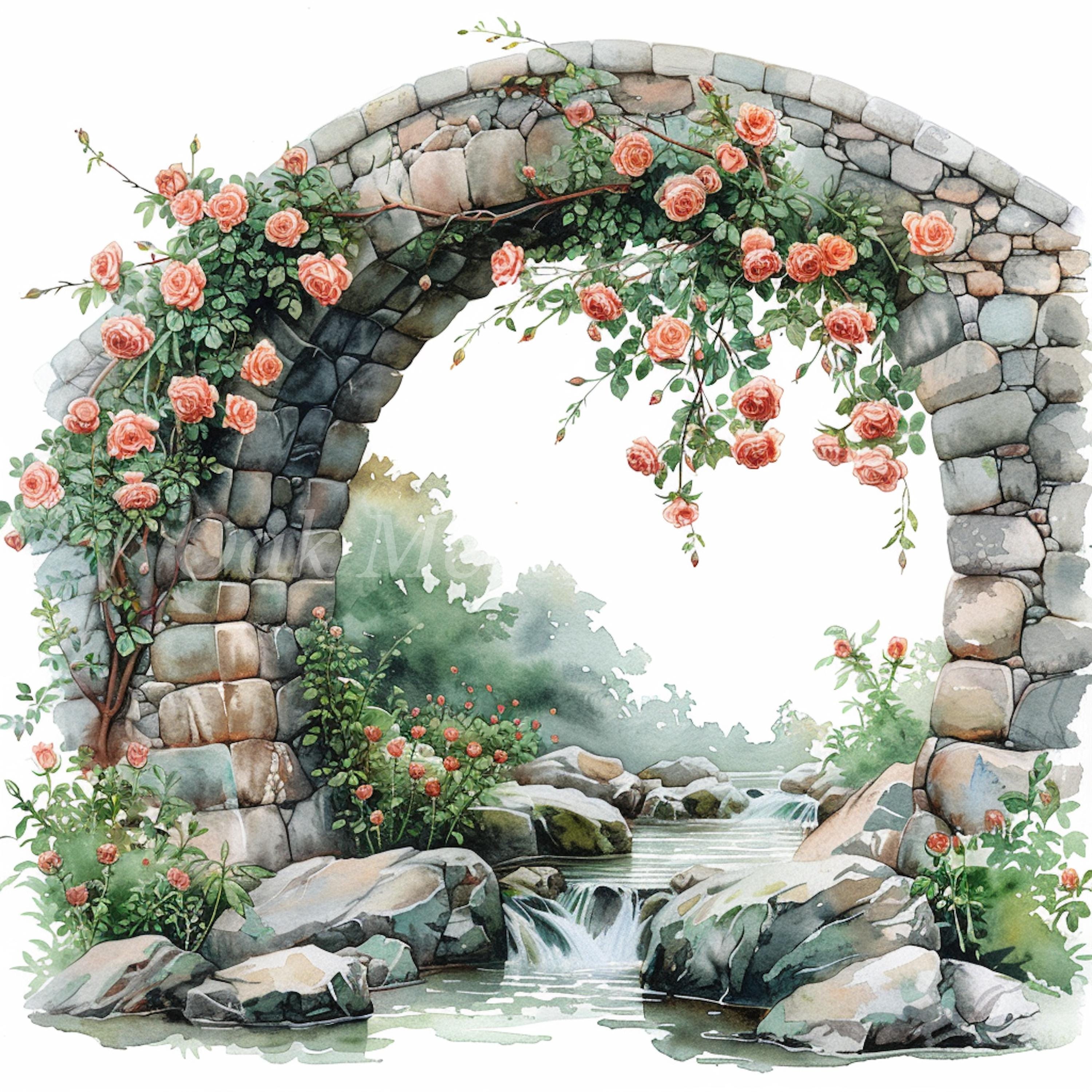 Watercolor Stone Bridge With Roses Clipart: Scrapbook Art (digital ...
