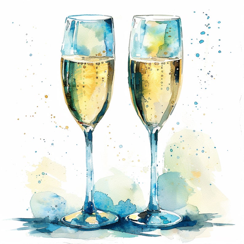 Watercolor Wedding Champagne Glasses Clipart: Celebration Images ...