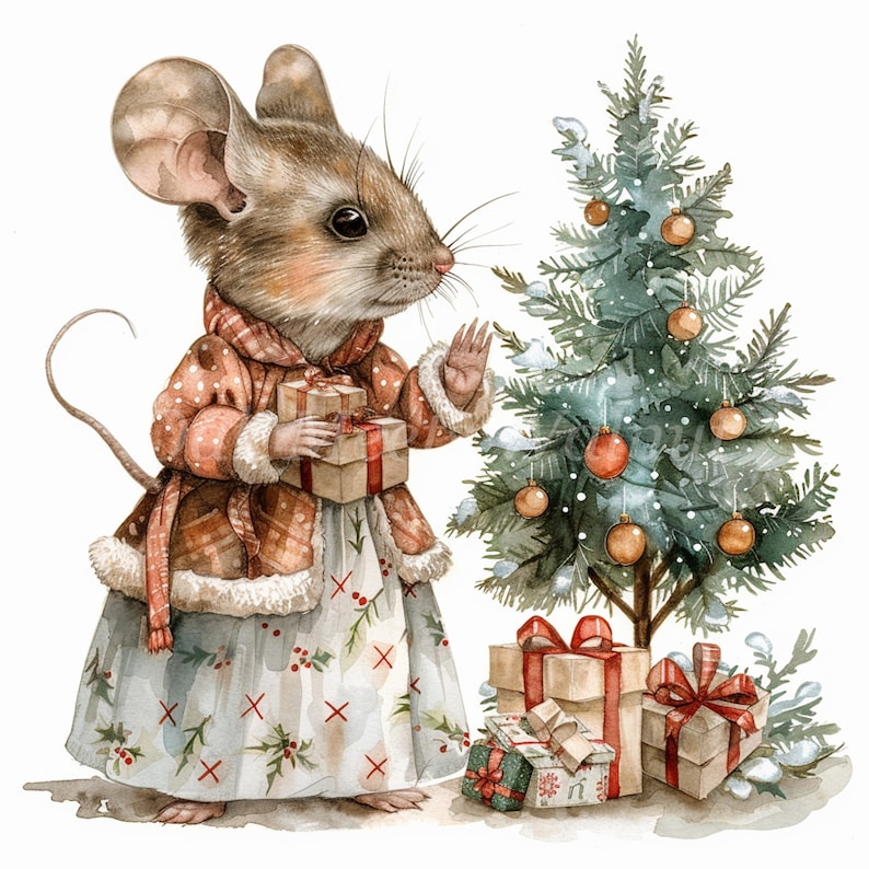 Christmas Mouse Clipart Bundle: Vintage Dress, Watercolor Jpgs (digital ...