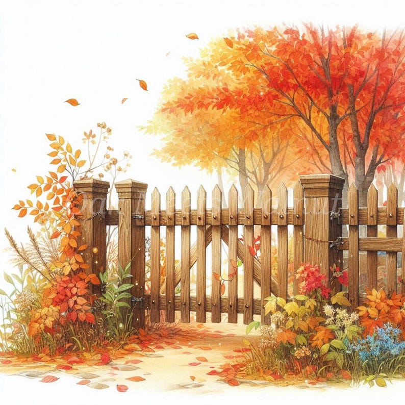 Watercolor Autumn Fence Clipart: Fall Leaves, Scrapbook Images (digital ...