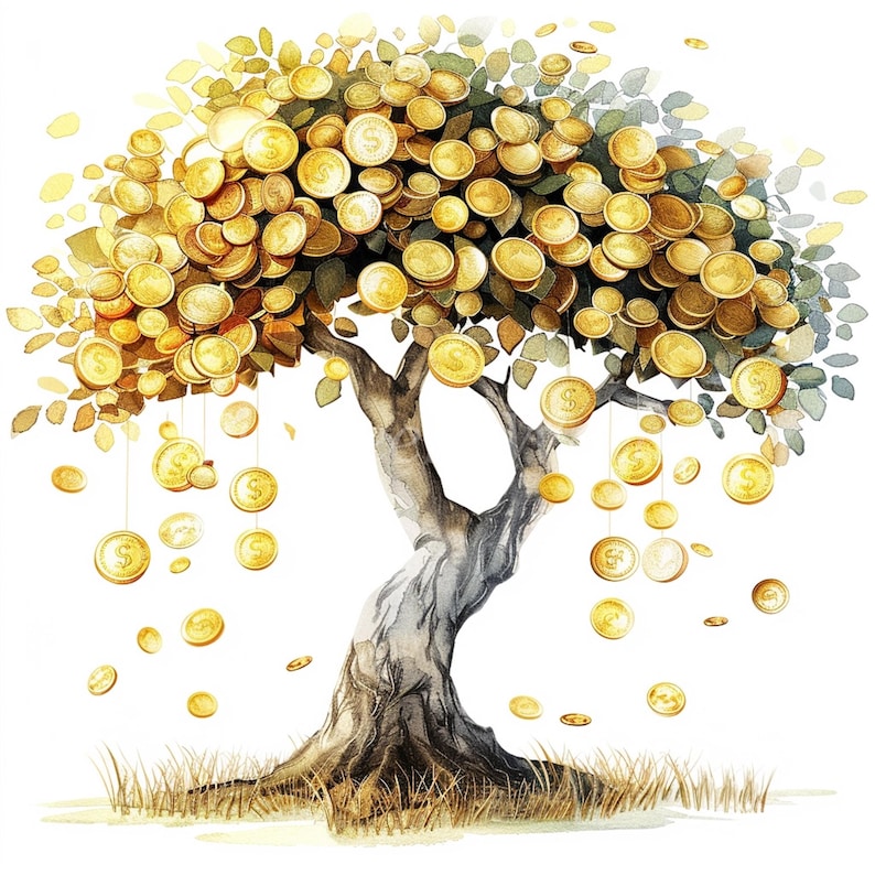 Money Tree Clipart Bundle-10 High Quality Watercolor Jpgs, Digital ...