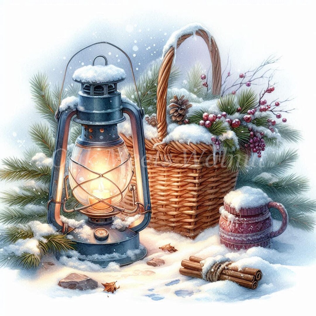 Lantern in Snow High Quality Watercolor Jpgs, Digital Download, Paper ...