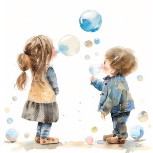 Kids Blowing Bubbles Watercolor Clipart: Scrapbook Paper Craft (digital ...