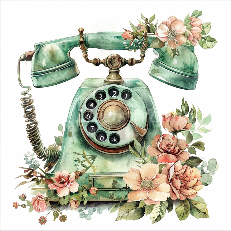 Vintage Floral Telephone Clipart: Watercolor Junk Journal Images ...