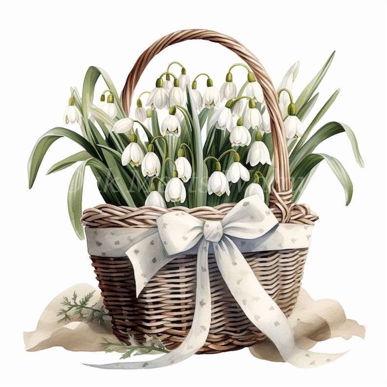 Snowdrop Basket Clipart: Watercolor Floral JPG Bundle (digital Download ...