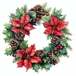 Watercolor Christmas Wreath Clipart: Poinsettia Floral Bundle (digital ...