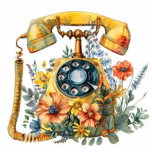 Vintage Floral Telephone Clipart: Watercolor Junk Journal Images ...