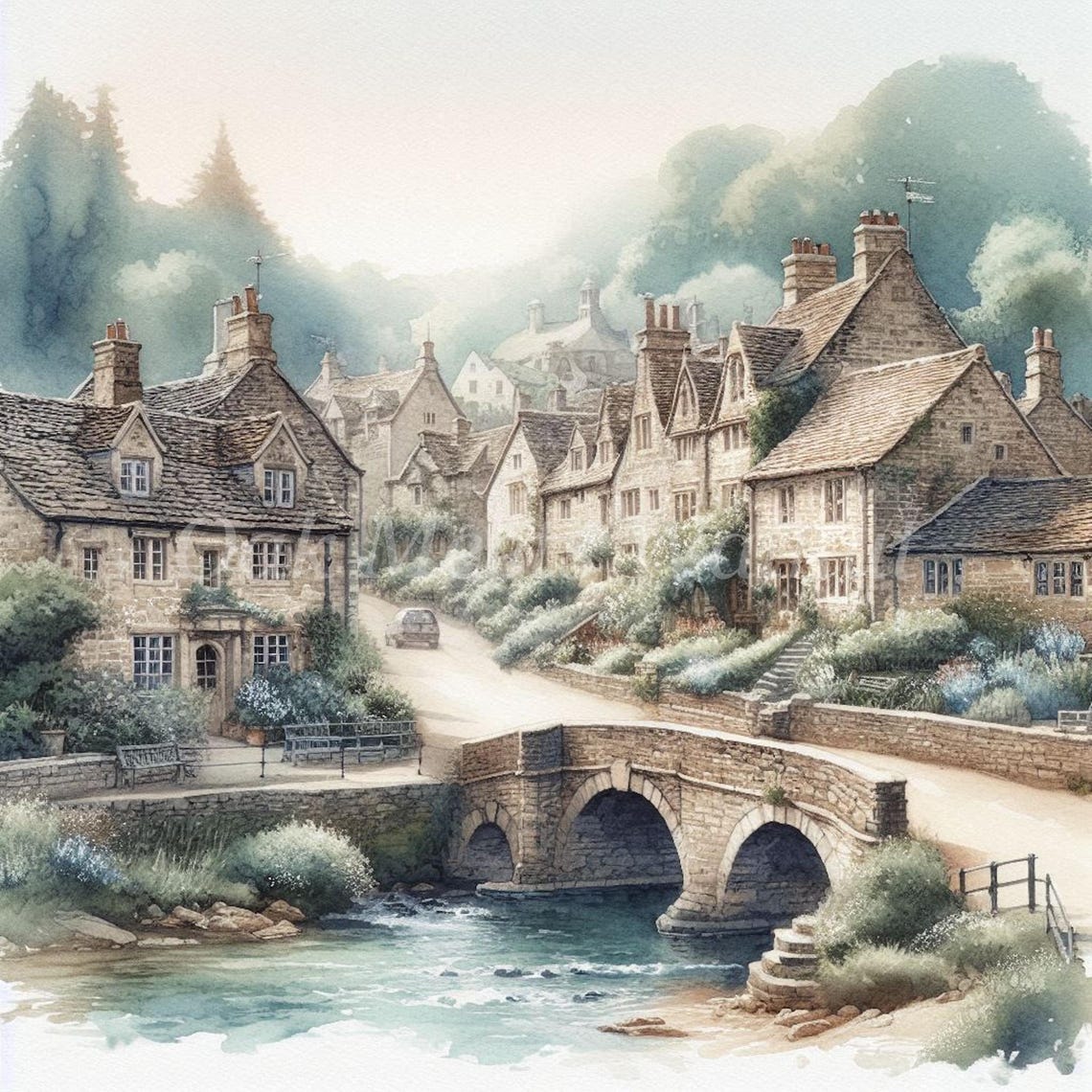 Watercolor Old English Village Clipart: Landscape Illustration Bundle ...
