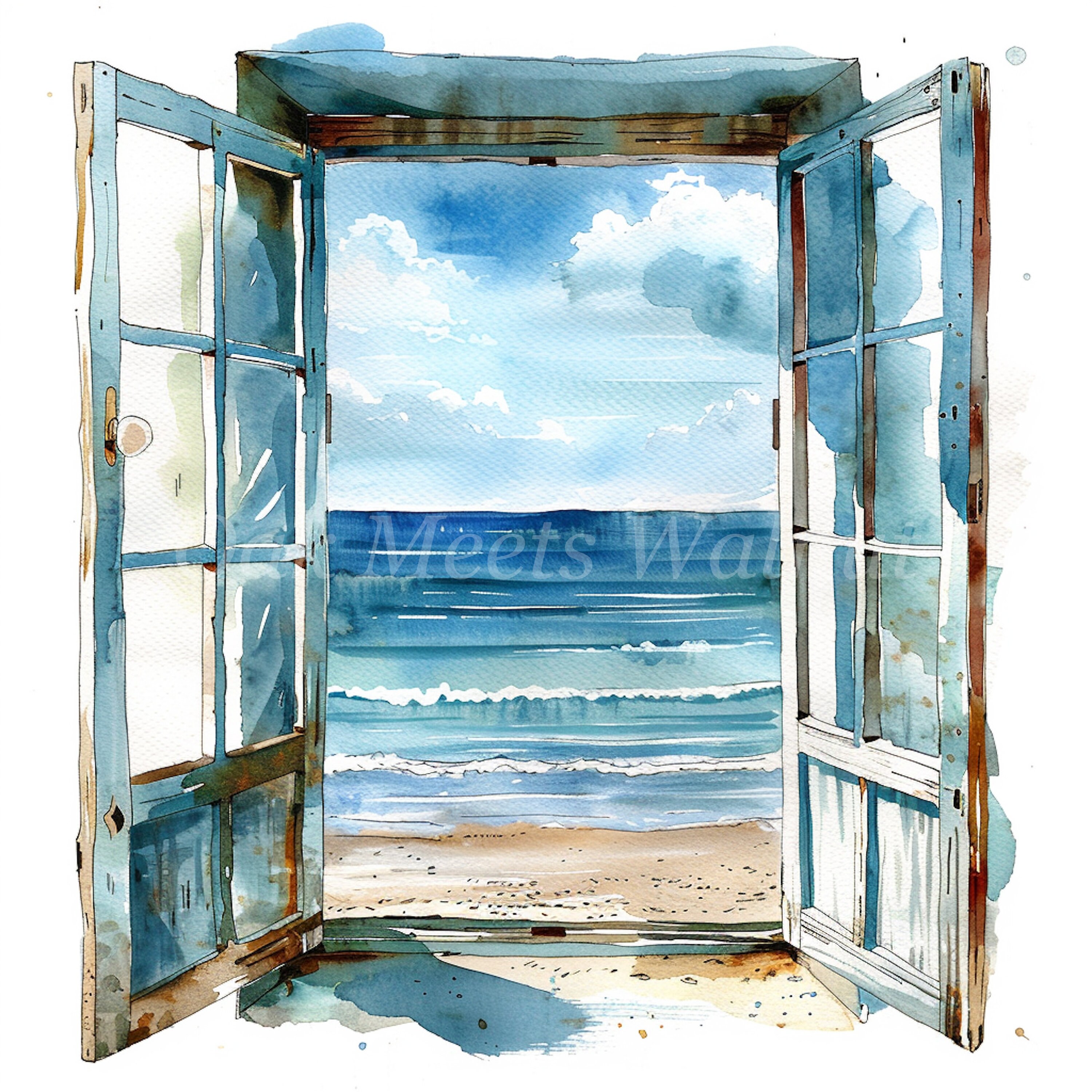 Watercolor Ocean View Clipart: Window Scene JPG Bundle (digital ...
