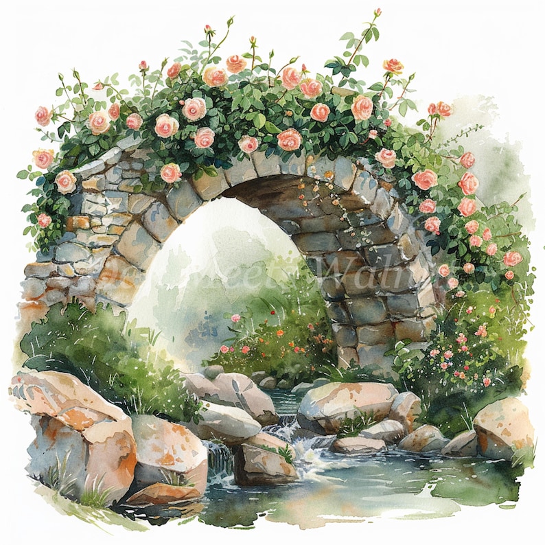 Watercolor Stone Bridge With Roses Clipart: Scrapbook Art (digital ...