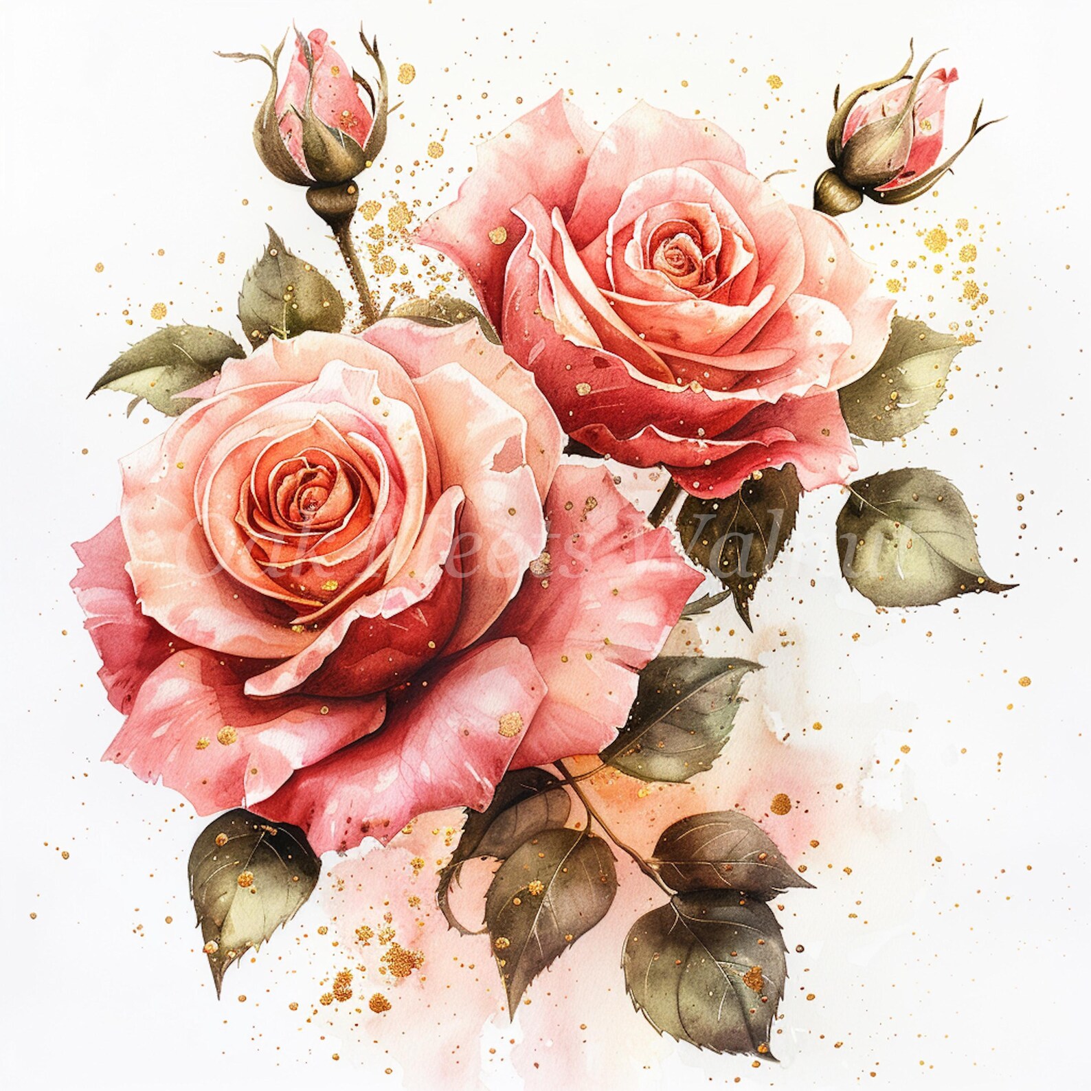 Pink Roses With Golden Glitter Clipart Bundle- 10 High Quality Jpgs ...