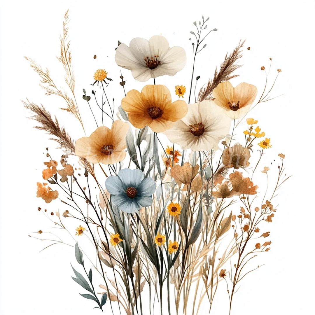 Boho Flowers Bouquet Clipart: Watercolor Floral Bundle (digital ...