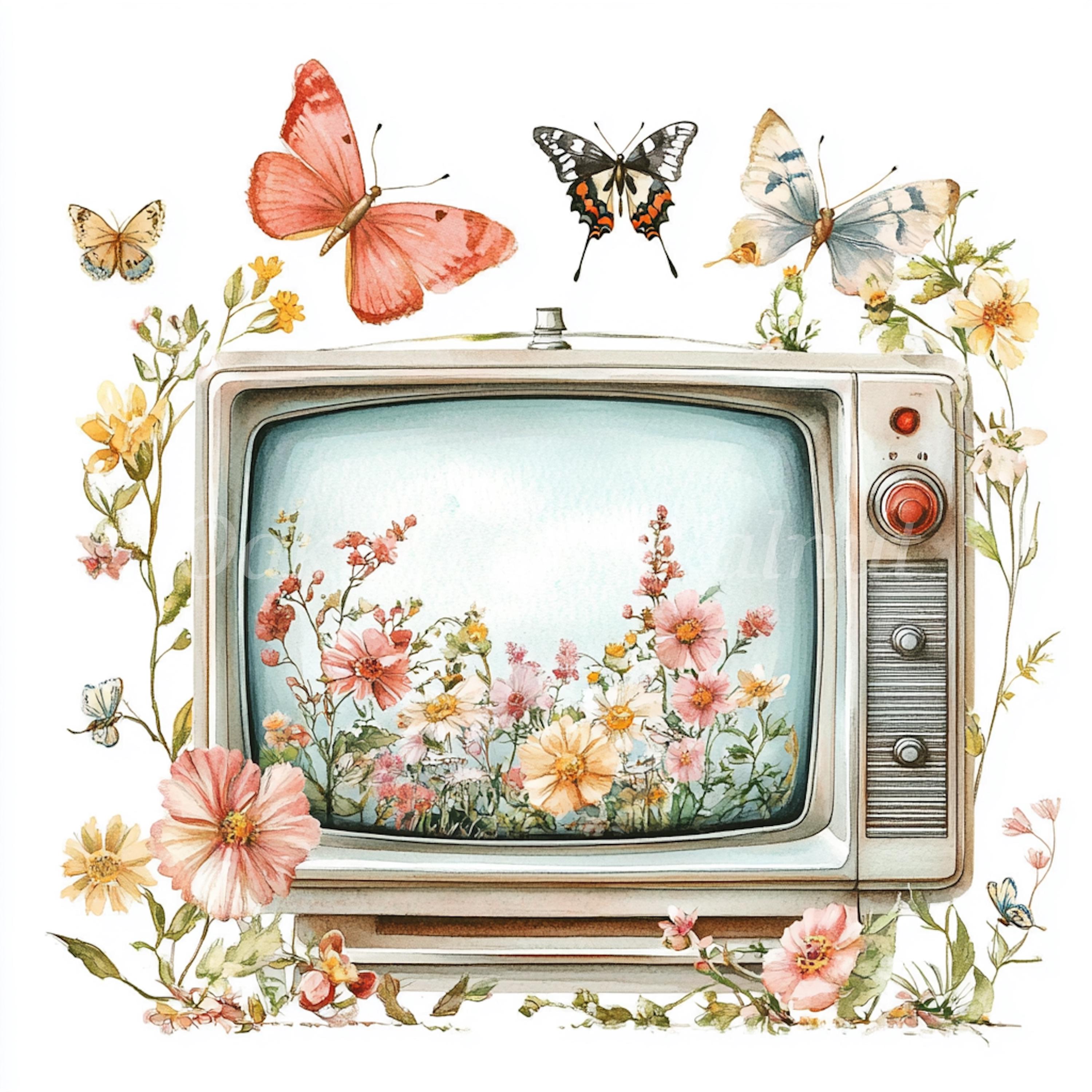 Floral TV Clipart Bundle: Watercolor Vintage Television Jpgs (digital ...