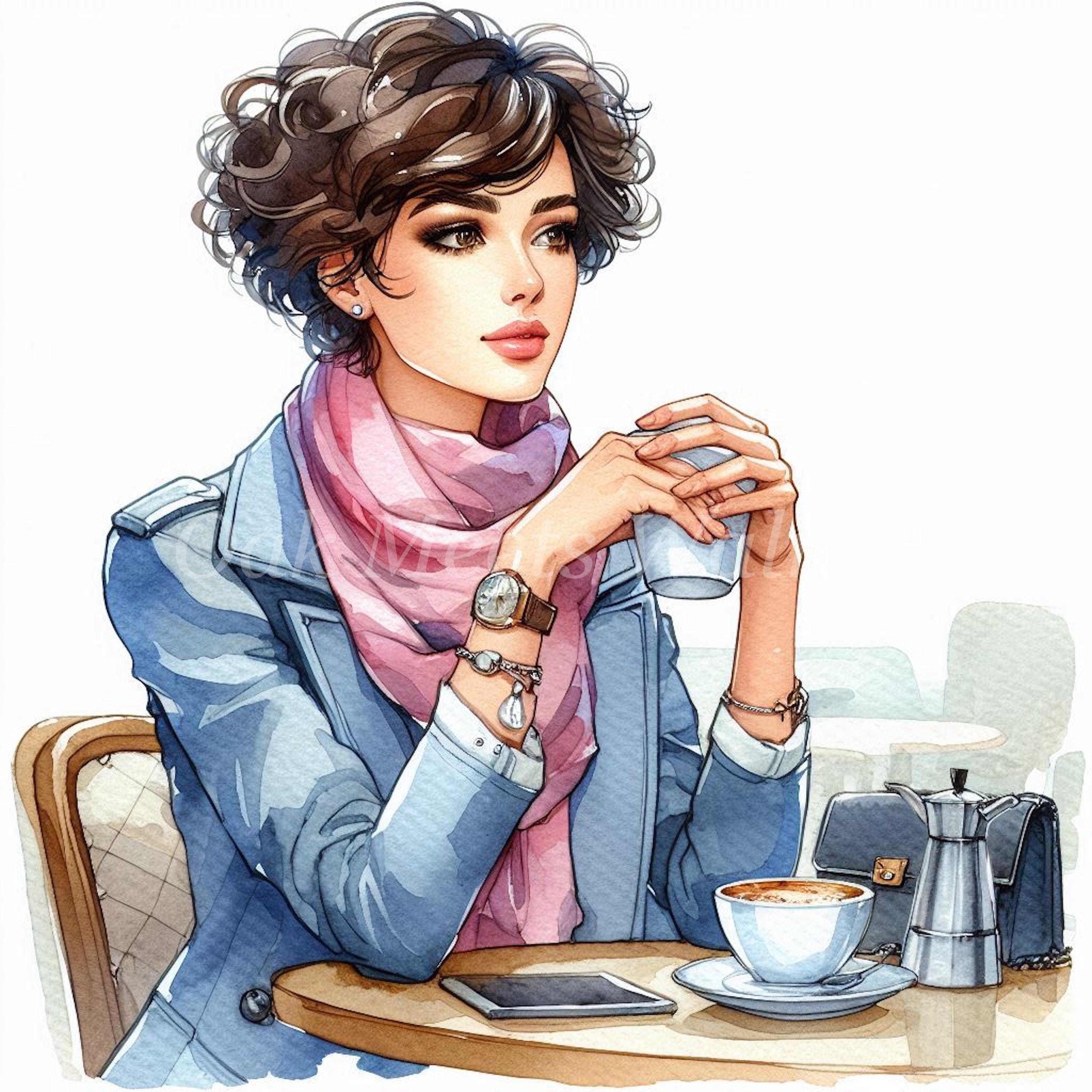 Chic Woman Watercolor Clipart Bundle: Short Hair Fashion (digital ...