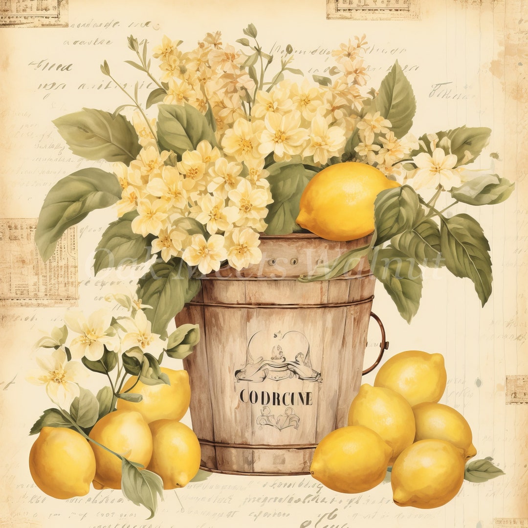 Shabby Chic Bucket of Lemons Clipart Bundle- 10 High Quality Watercolor ...