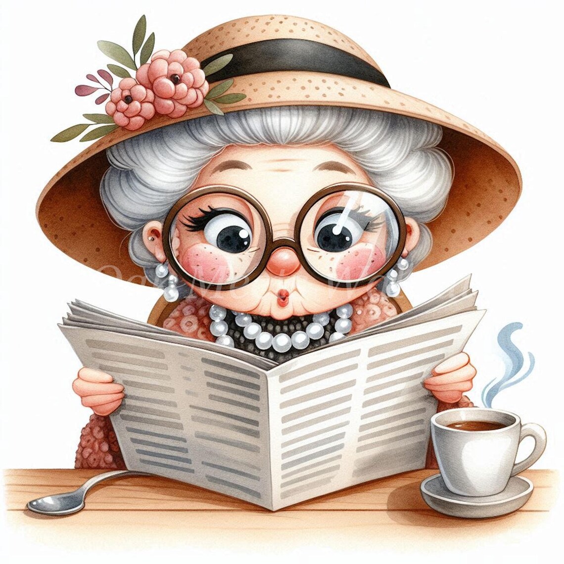 Elegant Old Lady Watercolor Clipart: Reading Newspaper (digital ...