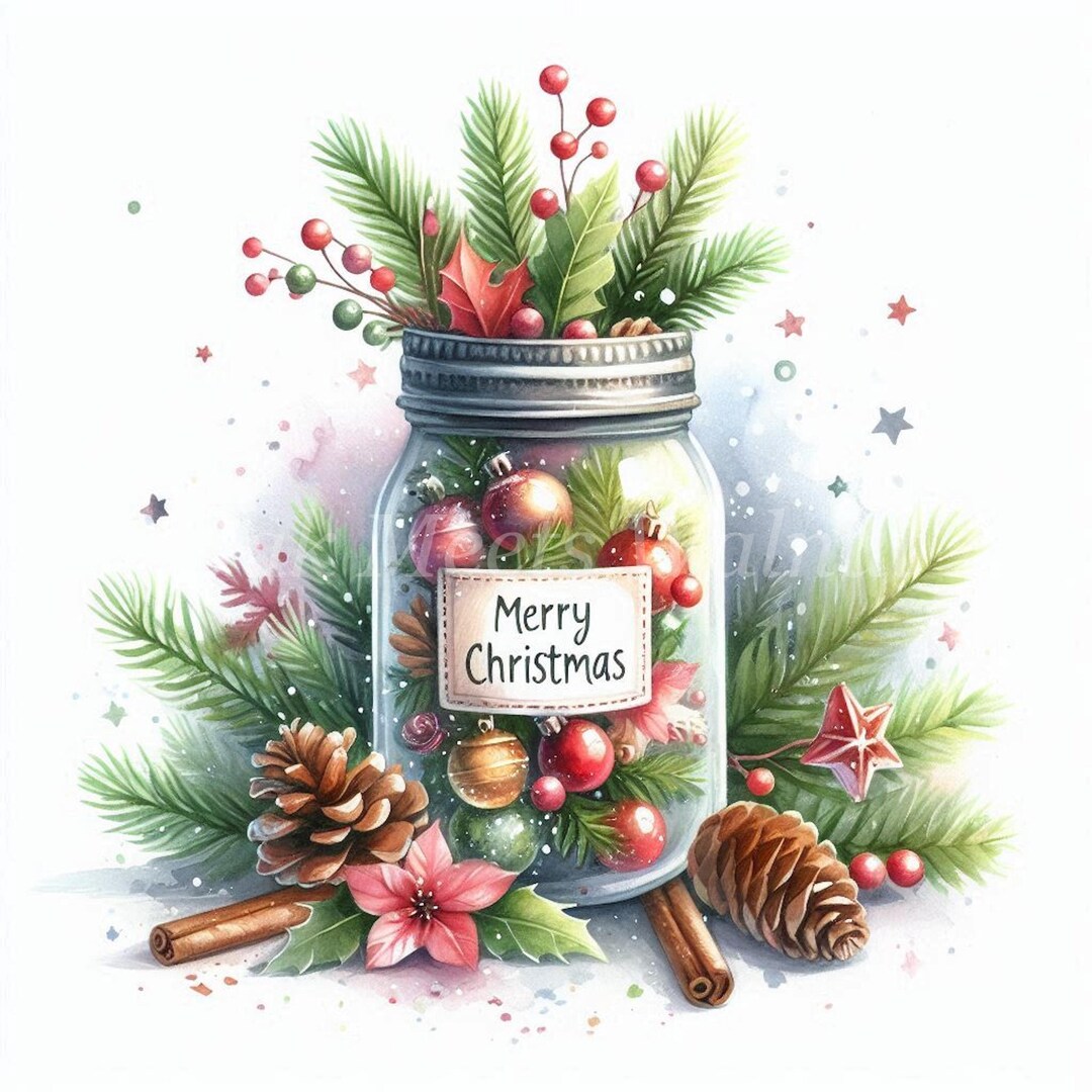 Watercolor Christmas Mason Jar Clipart: Holiday Scrapbook Graphics ...
