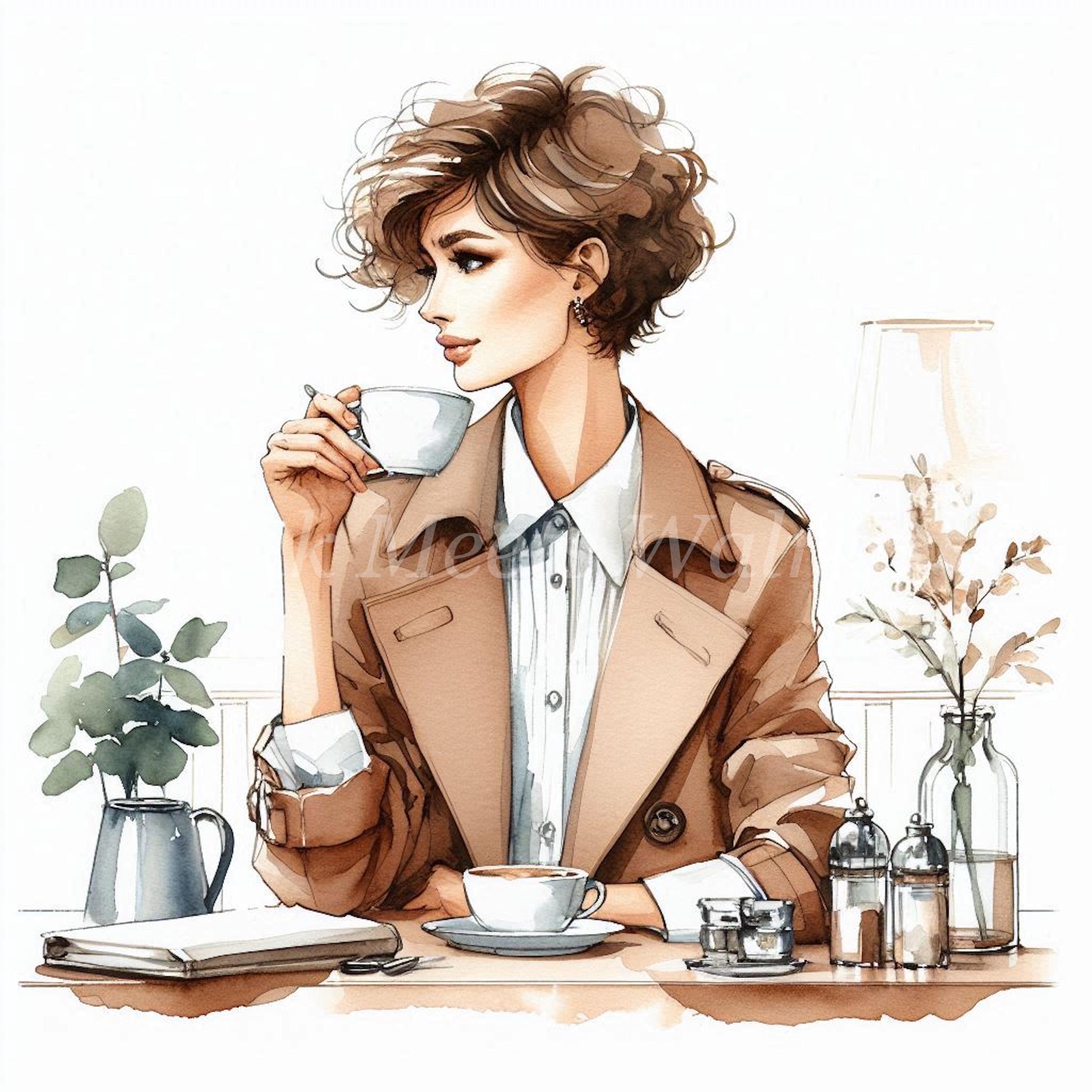 Chic Woman Watercolor Clipart Bundle: Short Hair Fashion (digital ...