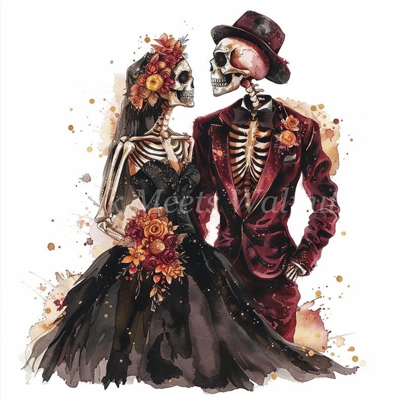 Skeleton Wedding Couple Clipart: Watercolor Gothic Romance (digital ...