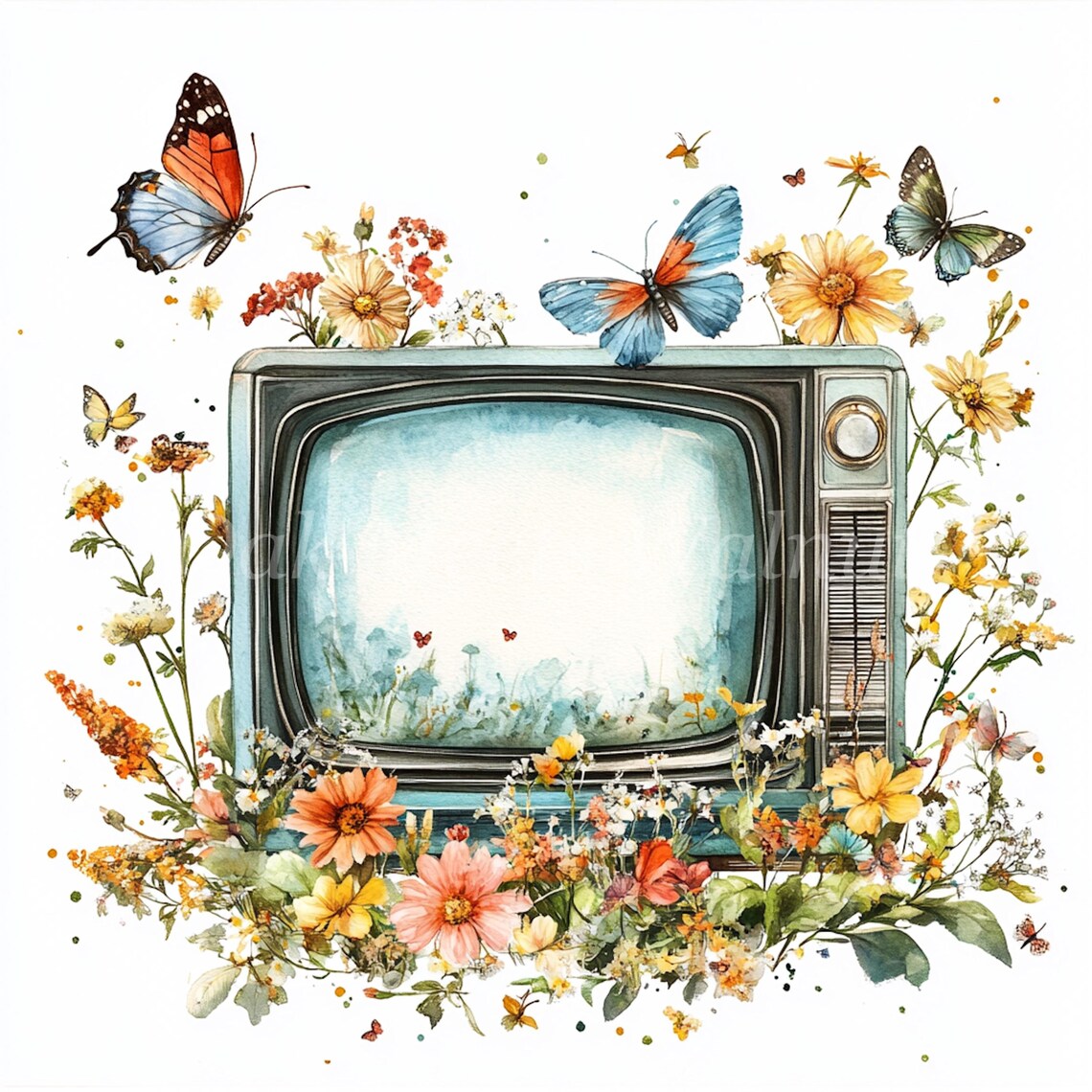 Floral TV Clipart Bundle: Watercolor Vintage Television Jpgs (digital ...