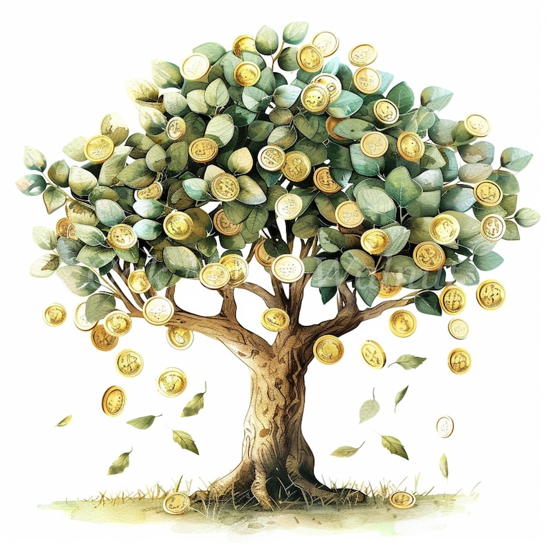Money Tree Clipart Bundle-10 High Quality Watercolor Jpgs, Digital ...