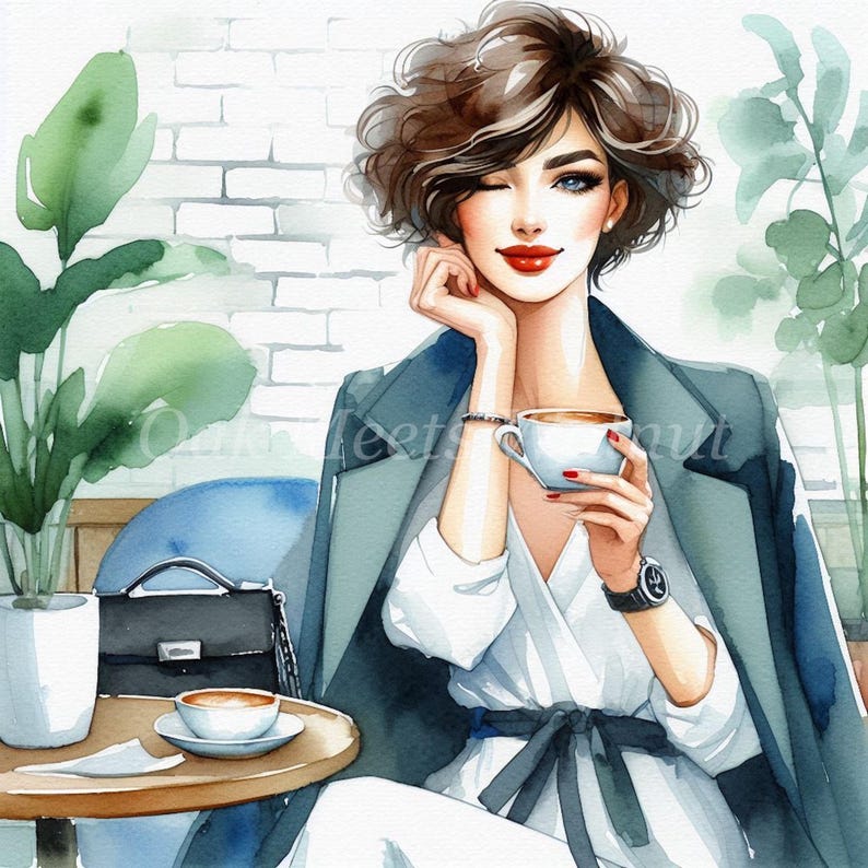 Chic Woman Watercolor Clipart Bundle: Short Hair Fashion (digital ...