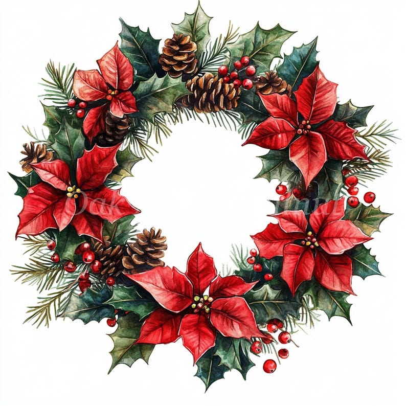 Christmas Wreath Poinsettia Clipart Bundle- 10 High Quality Watercolor ...