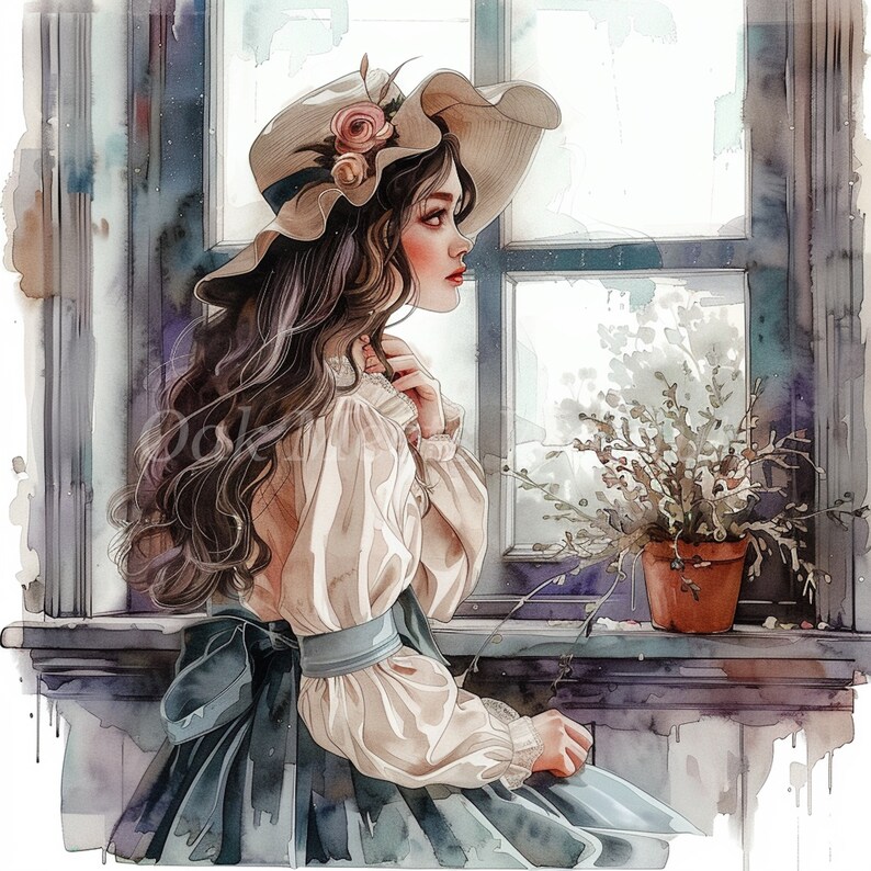 Watercolor Girl by Window Clipart: Printable Scrapbook Images (digital ...