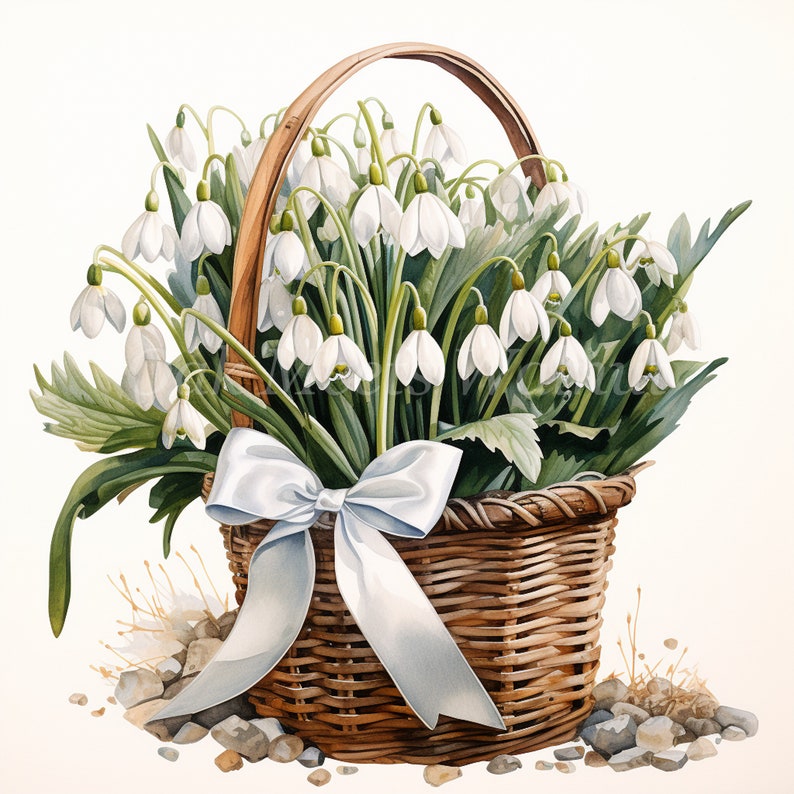 Snowdrop Basket Clipart: Watercolor Floral JPG Bundle (digital Download ...