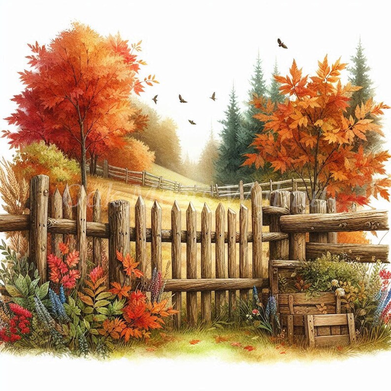 Watercolor Autumn Fence Clipart: Fall Leaves, Scrapbook Images (digital ...