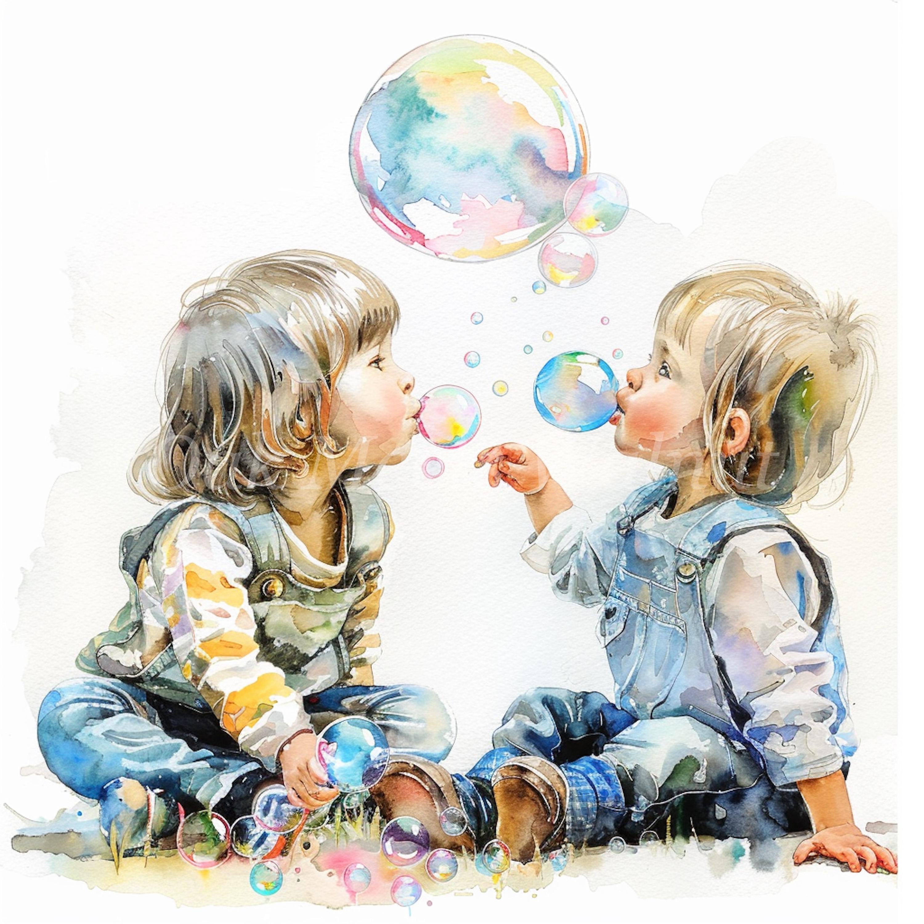 Kids Blowing Bubbles Watercolor Clipart: Scrapbook Paper Craft (digital ...