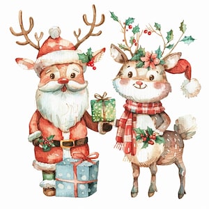 Christmas Santa & Reindeer Clipart Bundle-10 High Quality Watercolor ...