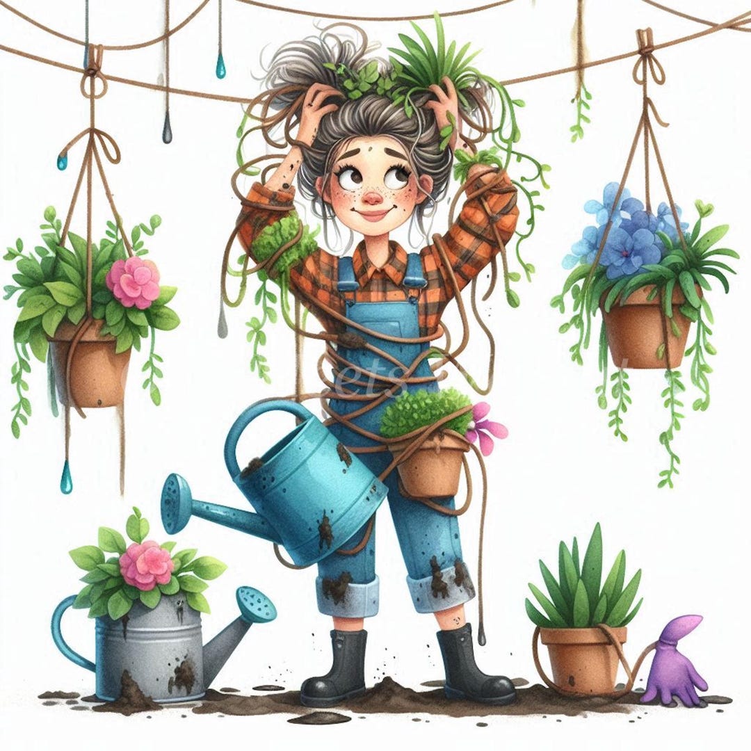 10 Quirky Plant Lady Clipart Bundle- High Quality Watercolor Jpgs ...