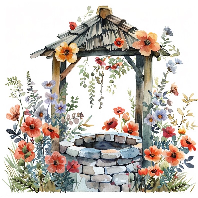 Floral Wishing Well Clipart: Watercolor Flower Illustrations (digital ...