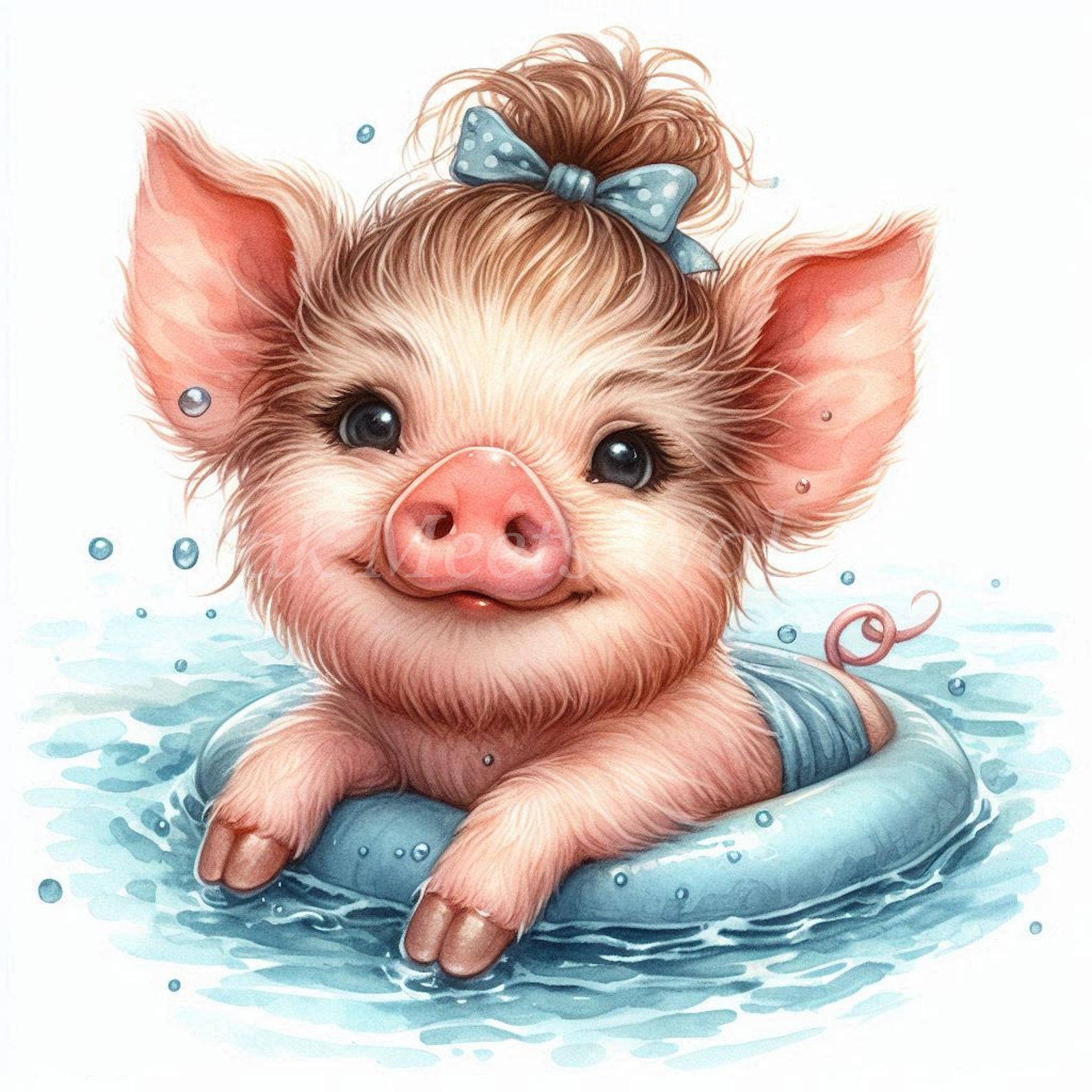 Pig Swimming in a Messy Bun Clipart Bundle- 10 High Quality Watercolor ...