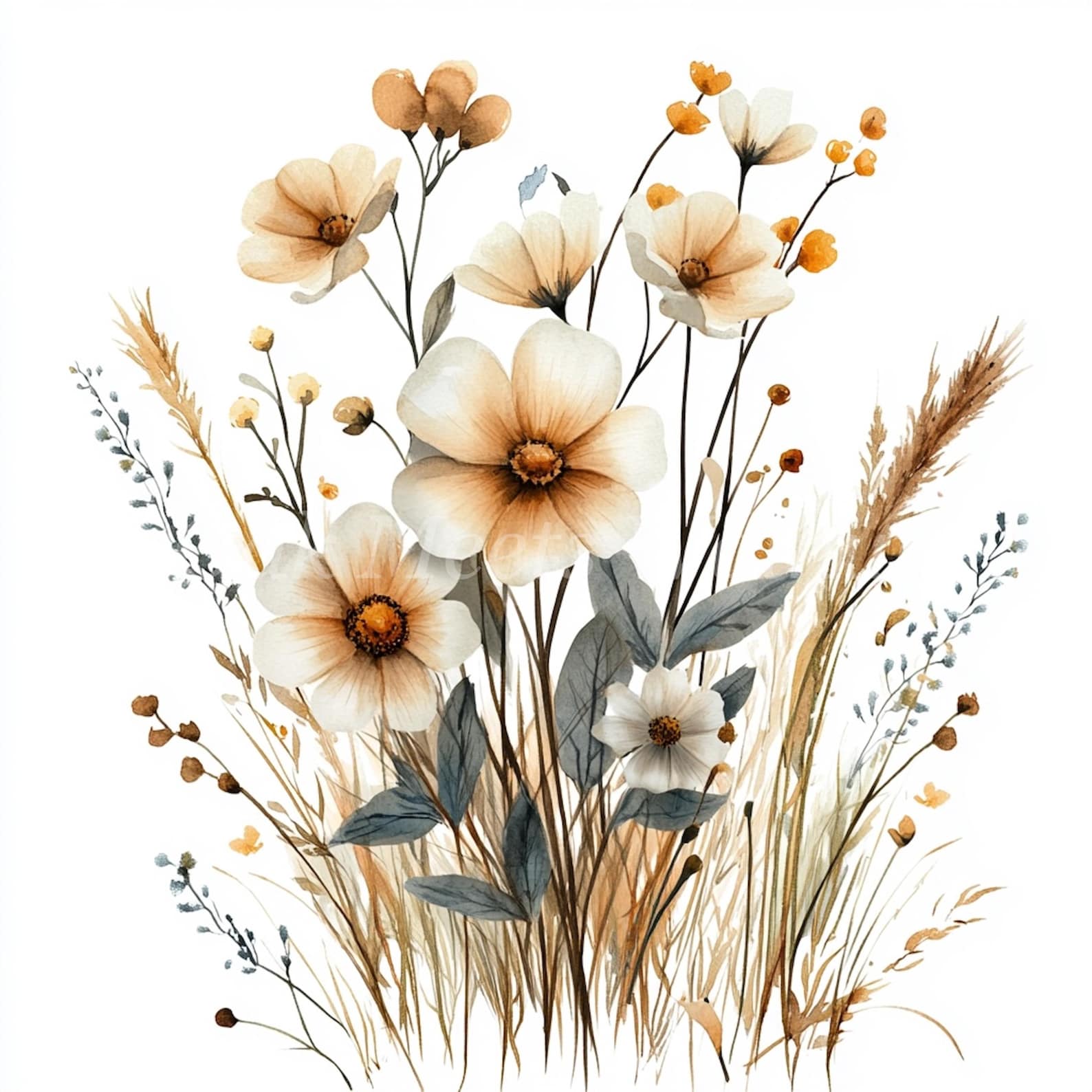 Boho Flowers Bouquet Clipart: Watercolor Floral Bundle (digital ...