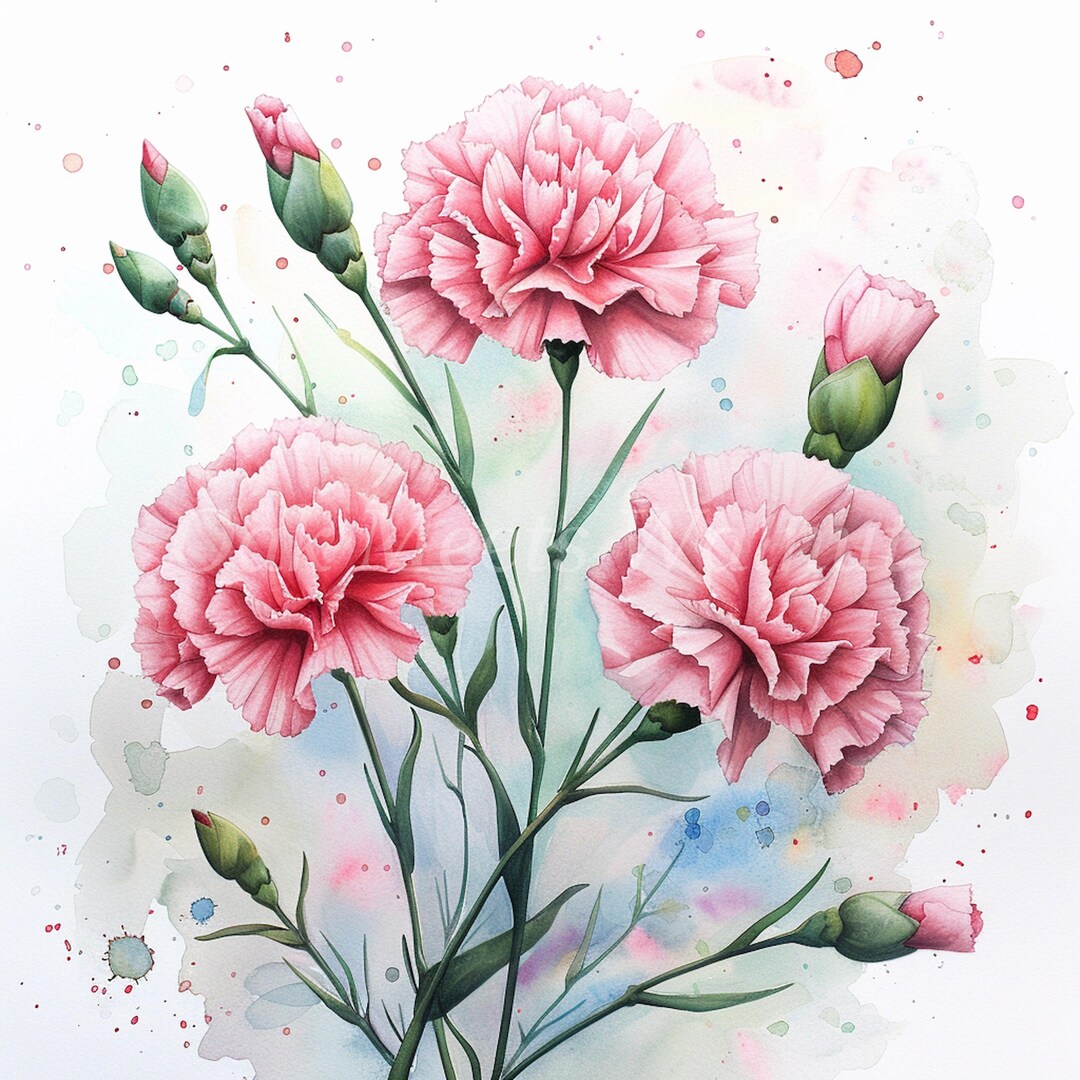 Pink Carnation Watercolor Clipart Bundle: Floral JPG Images (digital ...