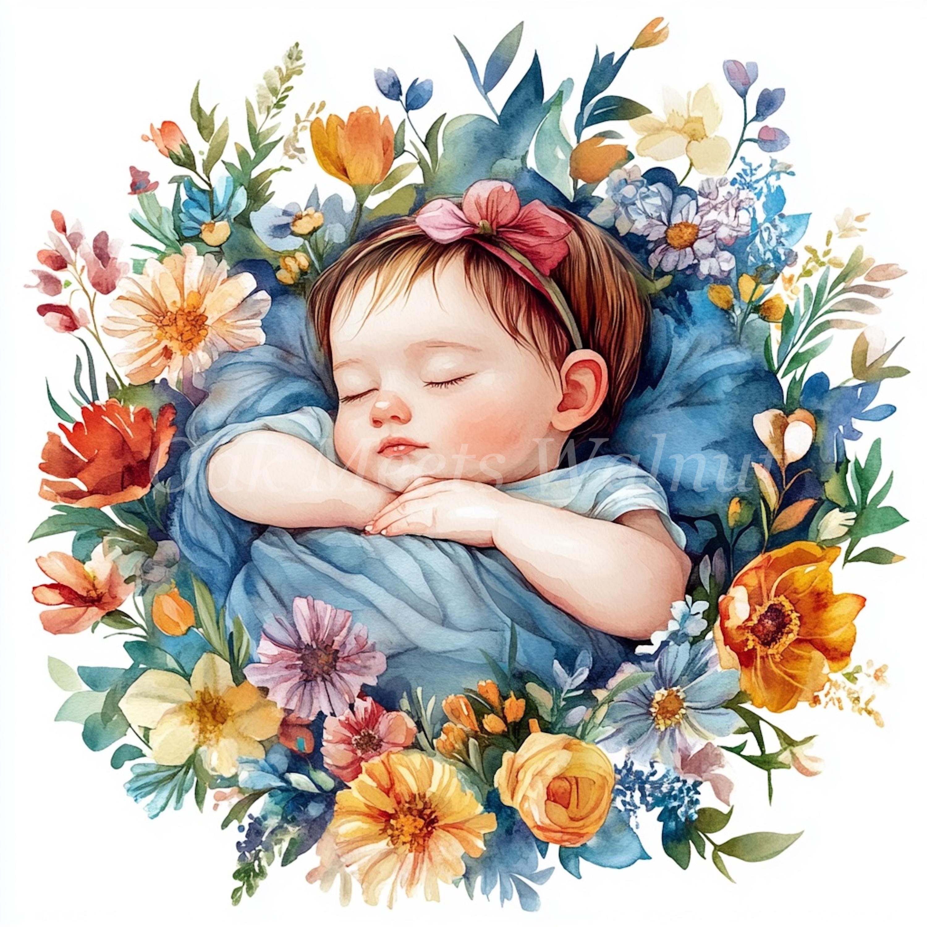 Baby in Flowers Clipart Bundle-10 High Quality Watercolor Jpgs, Digital ...