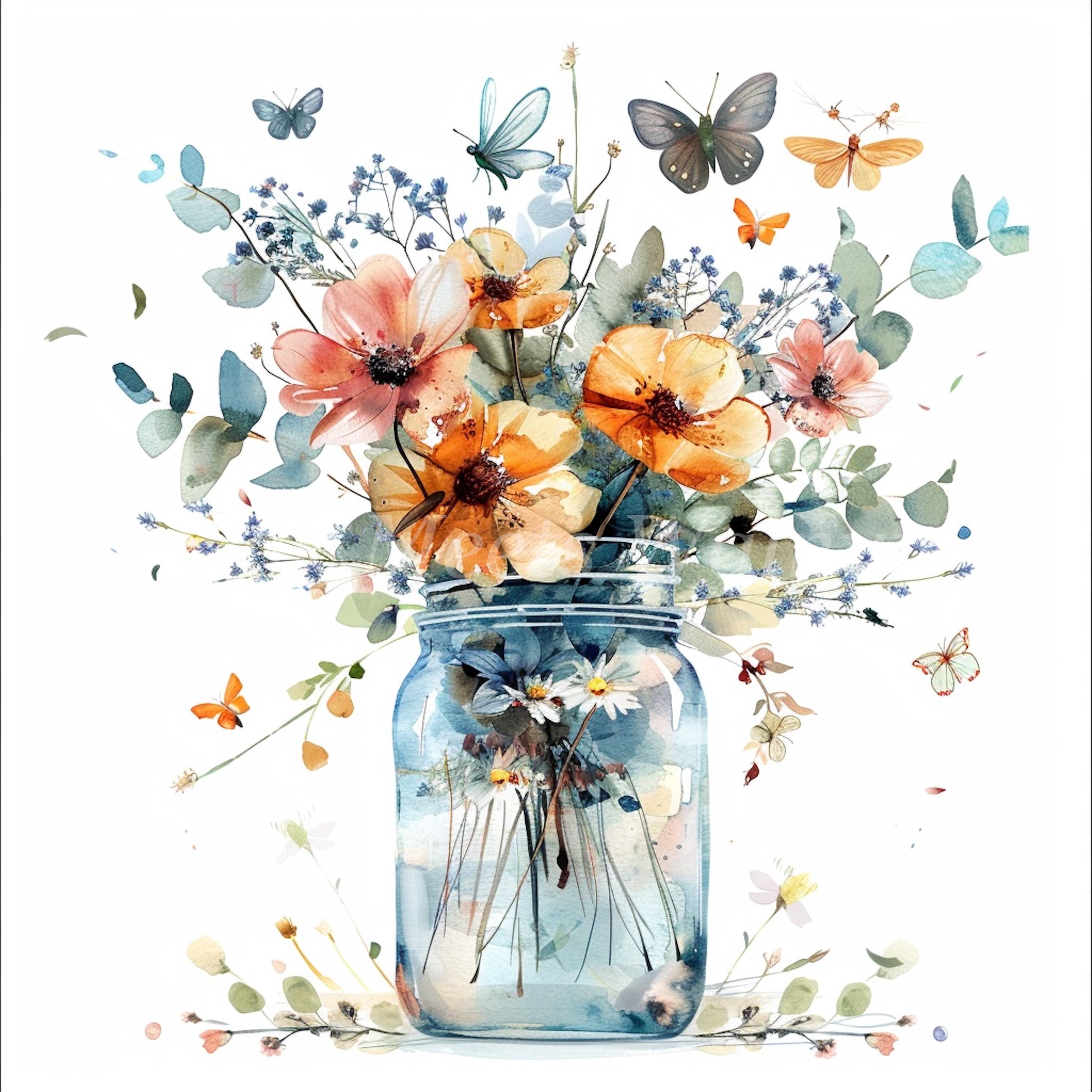Mason Jar Flowers Clipart: Watercolor Floral Illustrations (digital ...