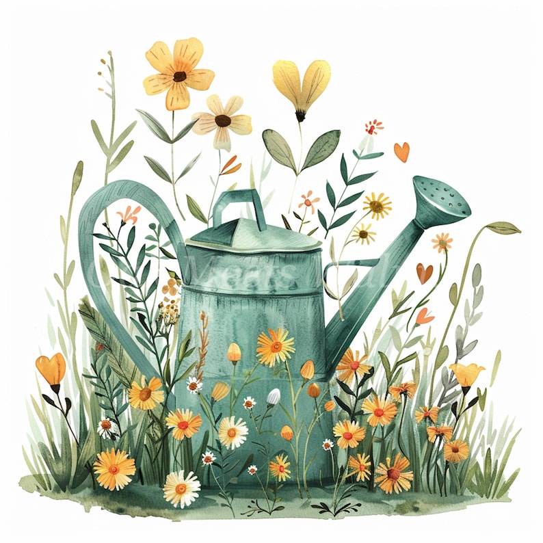 Watercolor Flowers in Watering Can Clipart: Floral JPG Bundle (digital ...