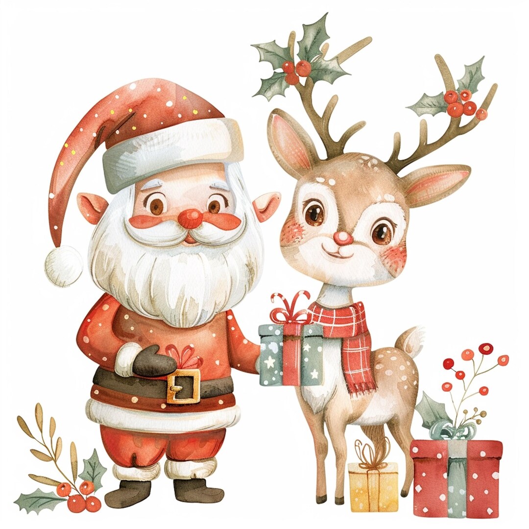 Watercolor Santa & Reindeer Clipart: Christmas JPG Bundle (digital ...
