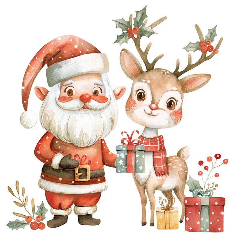 Christmas Santa & Reindeer Clipart Bundle-10 High Quality Watercolor ...