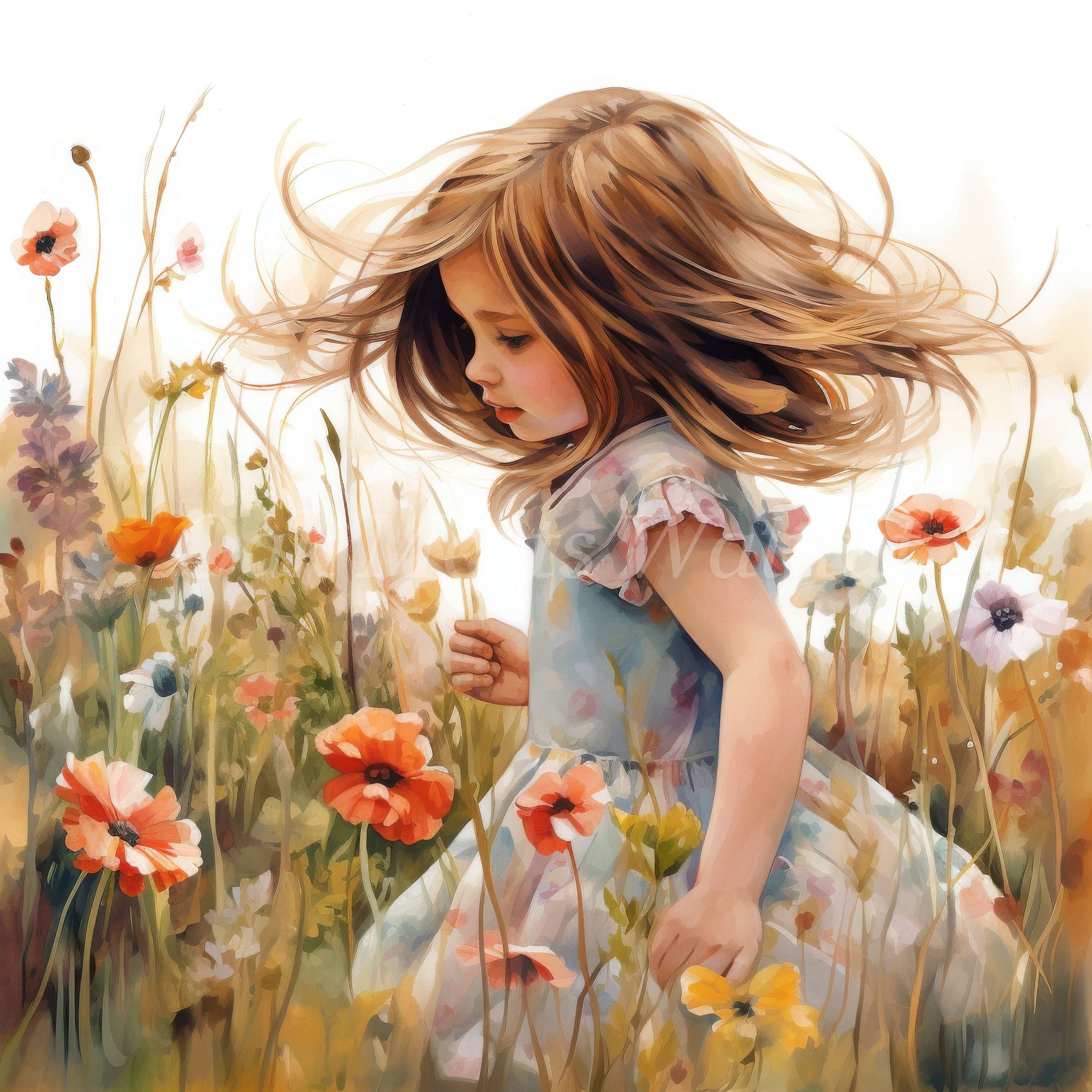 Girl in a Flower Field Clipart Bundle Pack, 12 X 12 Digital Paper, 10 ...