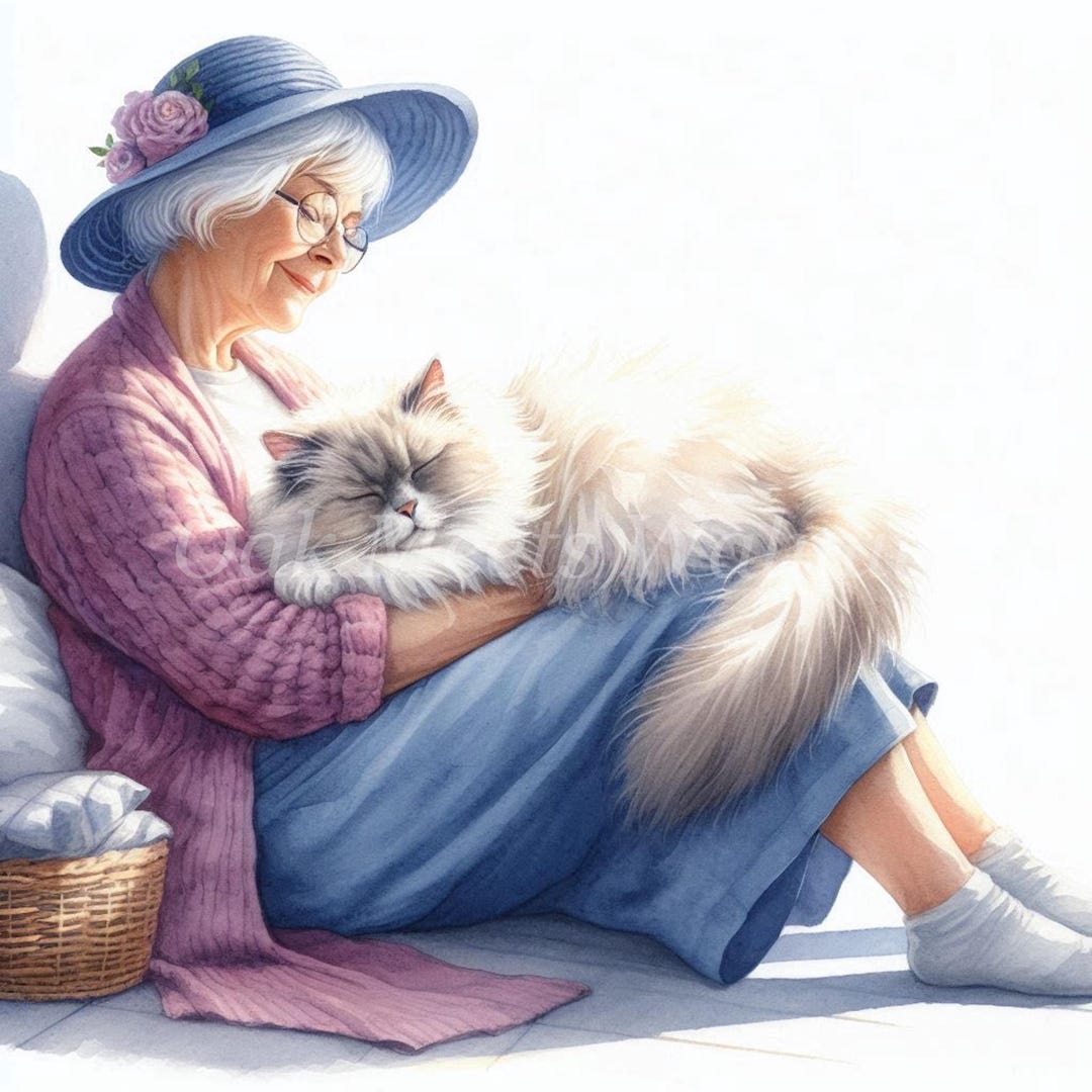 16 Sweet Grandma With Cat Clipart Bundle- High Quality Watercolor Jpgs ...