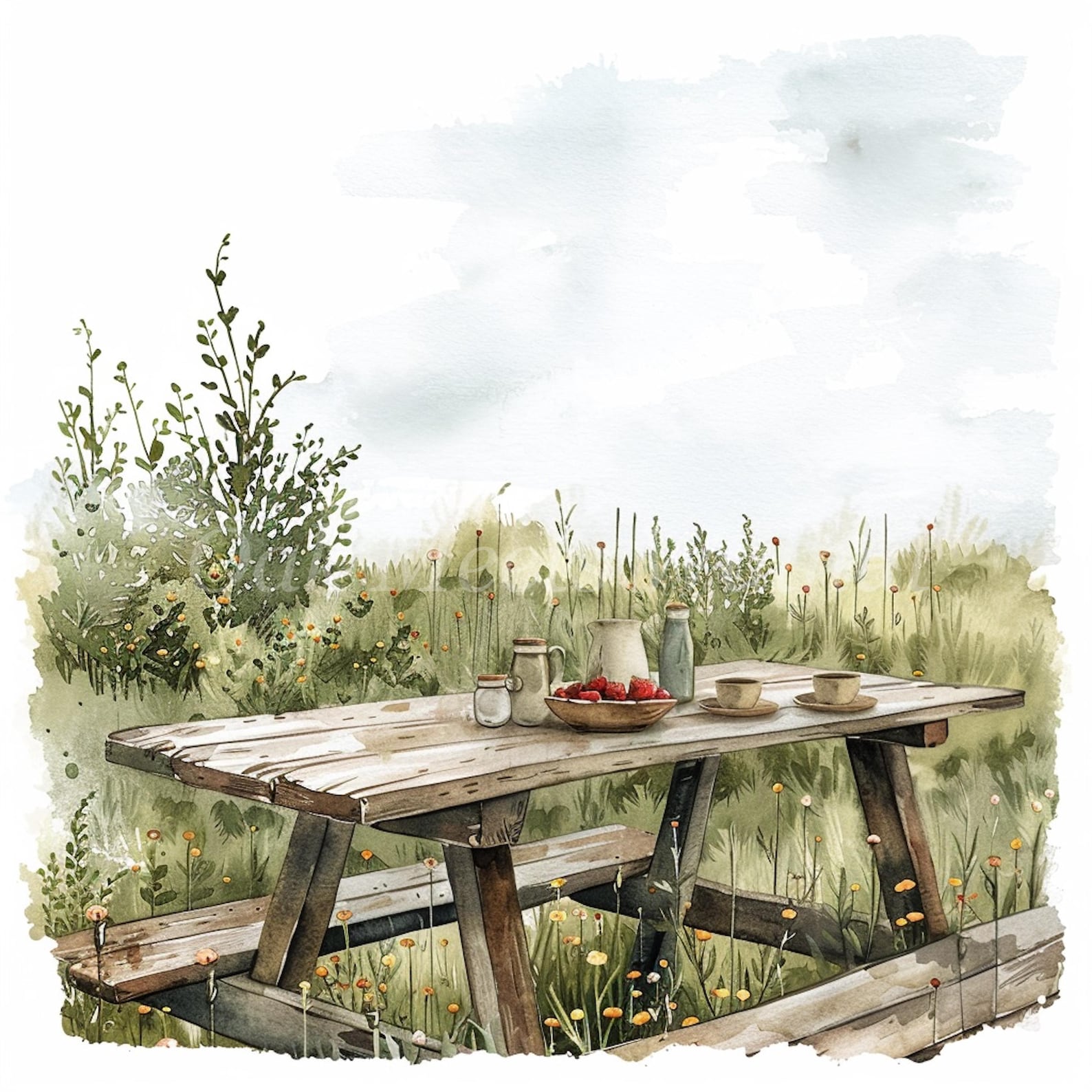Watercolor Picnic Table Clipart: Rustic Outdoor Illustration (digital ...