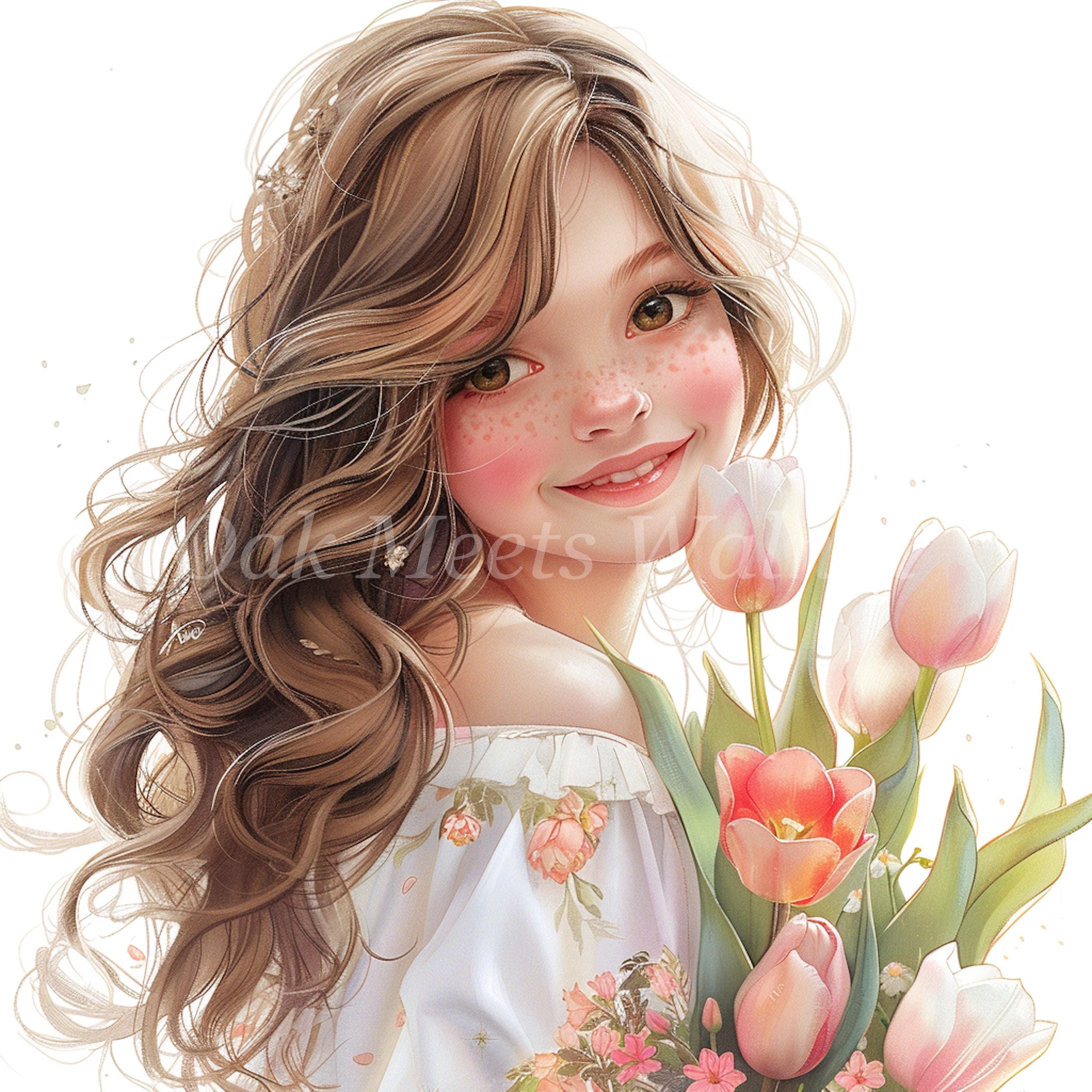 Watercolor Girl With Flowers Clipart: Floral JPG Bundle (digital ...