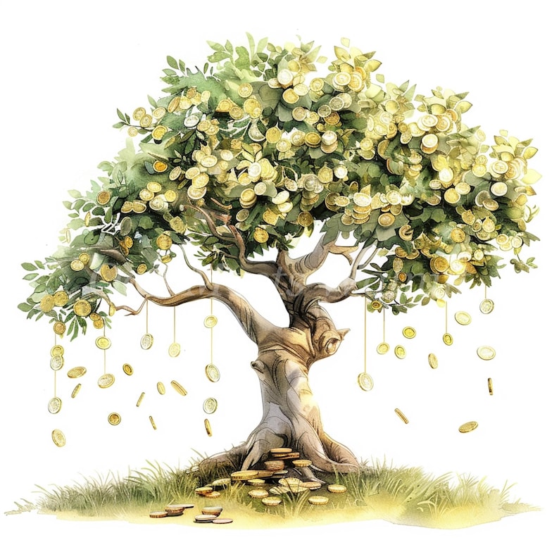 Money Tree Clipart Bundle-10 High Quality Watercolor Jpgs, Digital ...